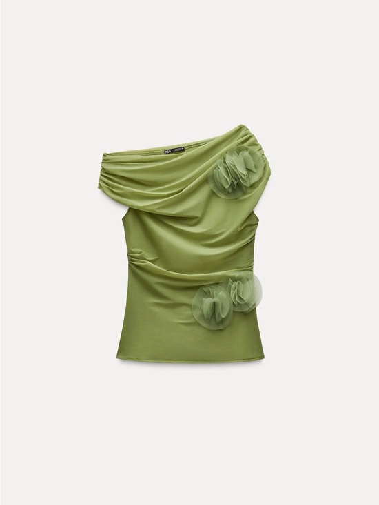 Zara | Tops | Zara Green Sheer Mesh Oneshoulder Floral Applique Top ...
